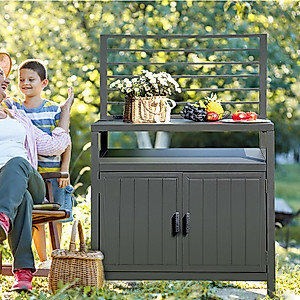 Domi Outdoor Kitchen Series, Modular Kitchen Island Counter with Whole Aluminum Finish & Shelf & Wall Hanging & Countertop & Storage Box & Cover, BBQ Grill Table for Deck Patio, Dark Gray