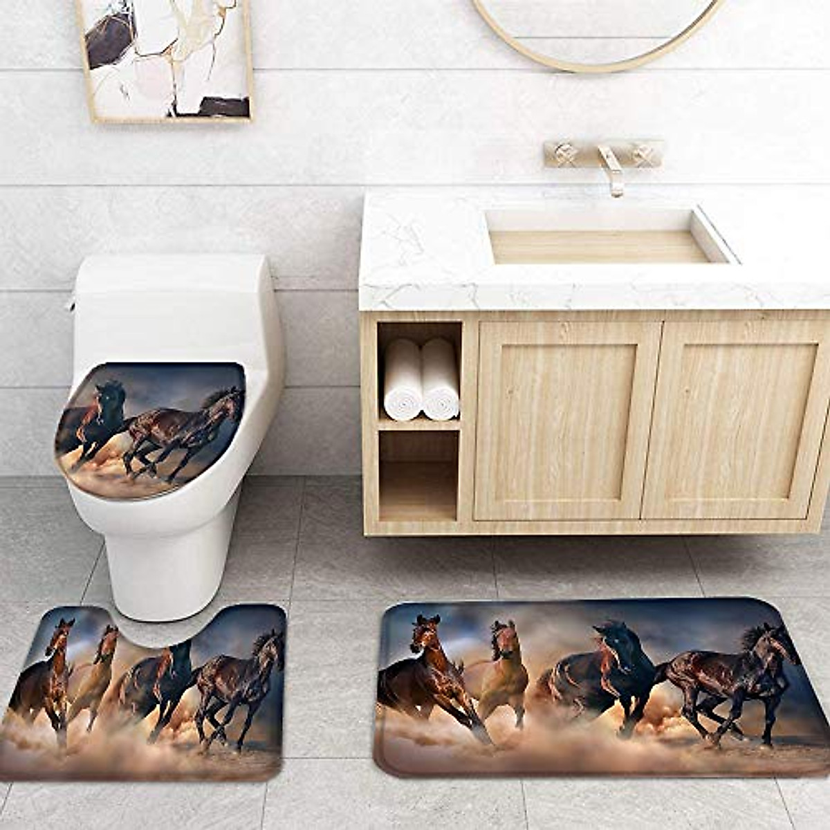 FAMILYDECOR 4 Piece Shower Curtain Sets with Non-Slip Rug, Toilet Lid Cover and Bath Mat, Horses Galloping Fast on The Ground Shower Curtain with Hooks, Durable Waterproof Bath Curtain 36x72 Inch