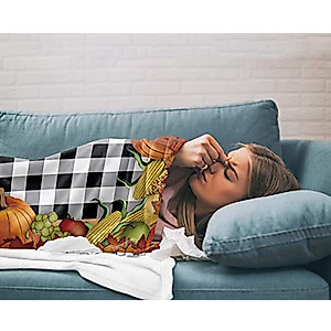 Throw Blanket- Thanksgiving Turkey Pumpkins Corn Soft Warm Plush Fleece Bed Throw,50x60In Flannel Blankets Farm Fall Harvest Bedding Throws for Women/Men Bedroom Living Room Office Classic Checkered