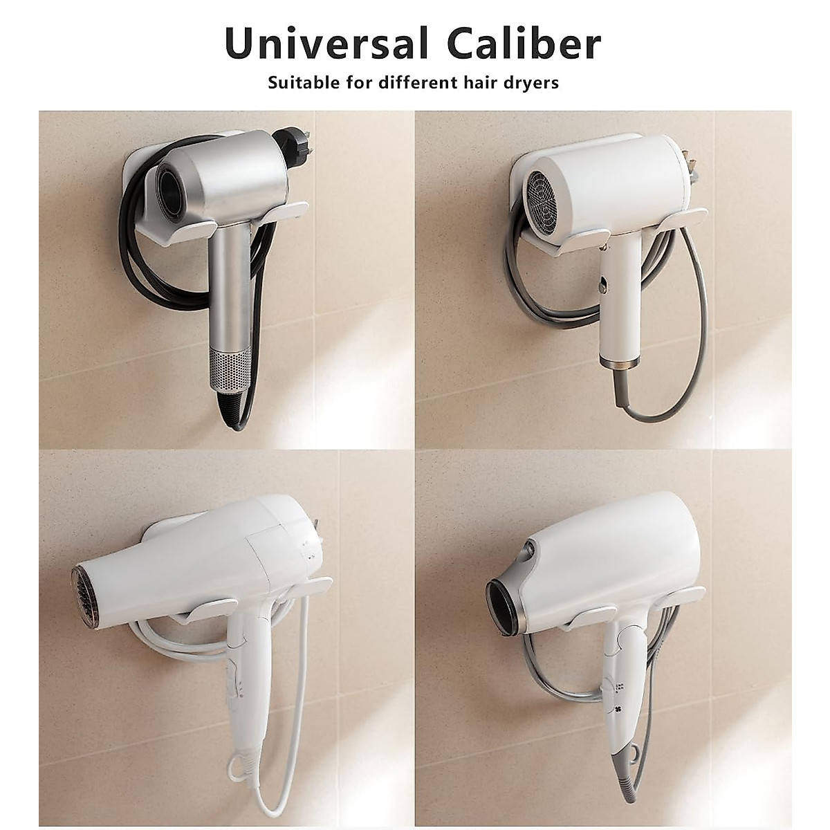 STORICANS Universal Hair Dryer Holder, Blow Dryer Hanger Wall Mount for Hair Dryer Hook with Plug&Cord Organizer Self Adhesive for Cabinet Bathroom |White | 5x4 Inch