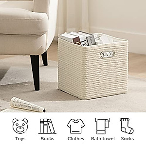 UBBCARE Set of 3 Woven Storage Baskets for Organizing, 11 in x 11 in x 11 in Cotton Rope Baskets for Shelves, Decorative Cube Storage Bins with Metal Handles for Living Room, Beige