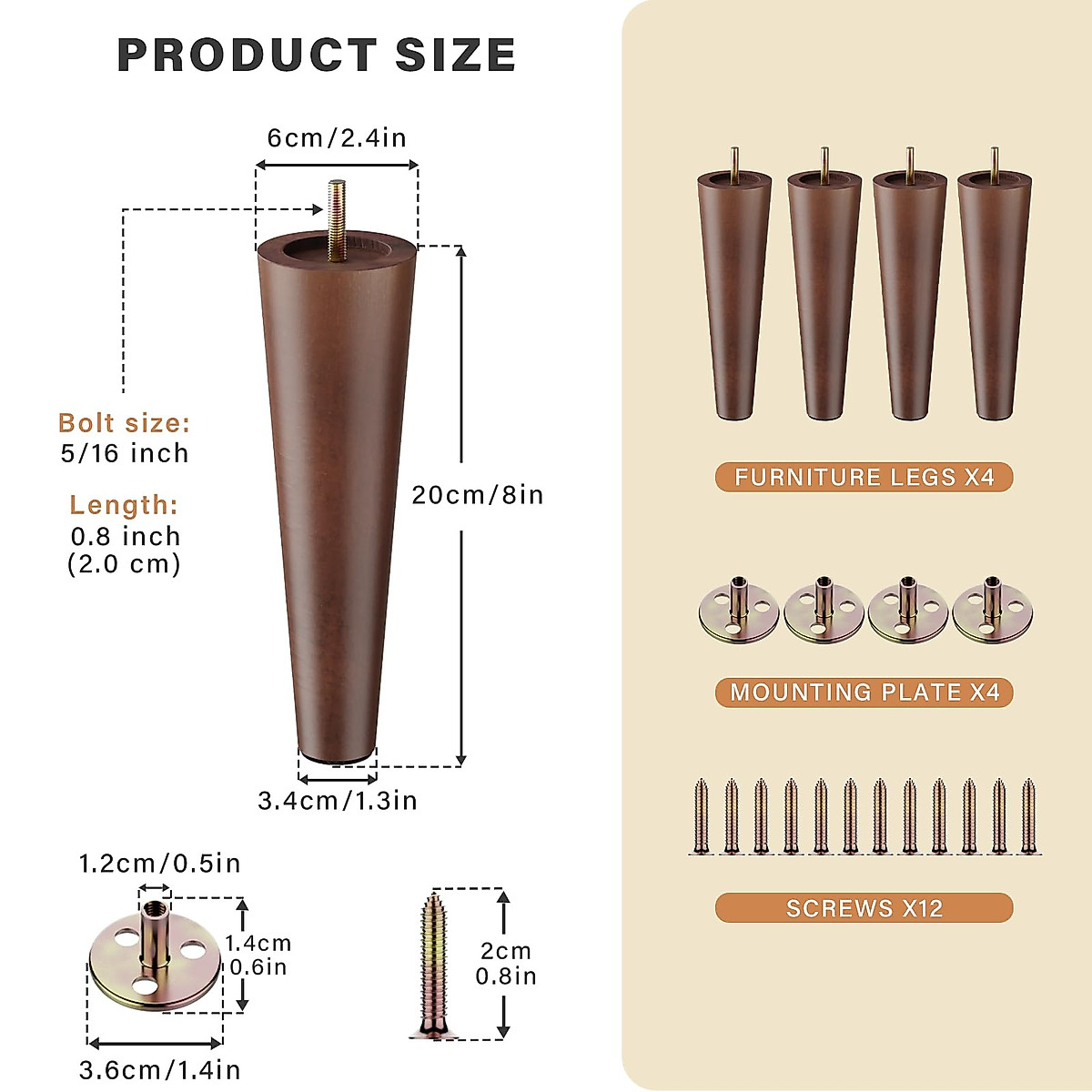 8 Inch Wood Furniture Legs Sofa Legs Set of 4, Brown Wooden Furniture Feet Couch Legs, Mid Century Modern Dresser Replacement Feet for Chair Cabinet Armchair Table Or Home DIY Projects Bun Feet