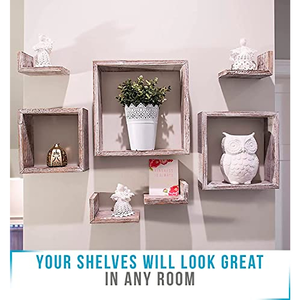 Comfify Rustic Wall Mounted Square Shaped Floating Shelves – Set of 7 – 3 Square Shelves and 4 L-Shaped Rustic Shelves – Screws and Anchors Included – Rustic Wall Décor - Rustic White