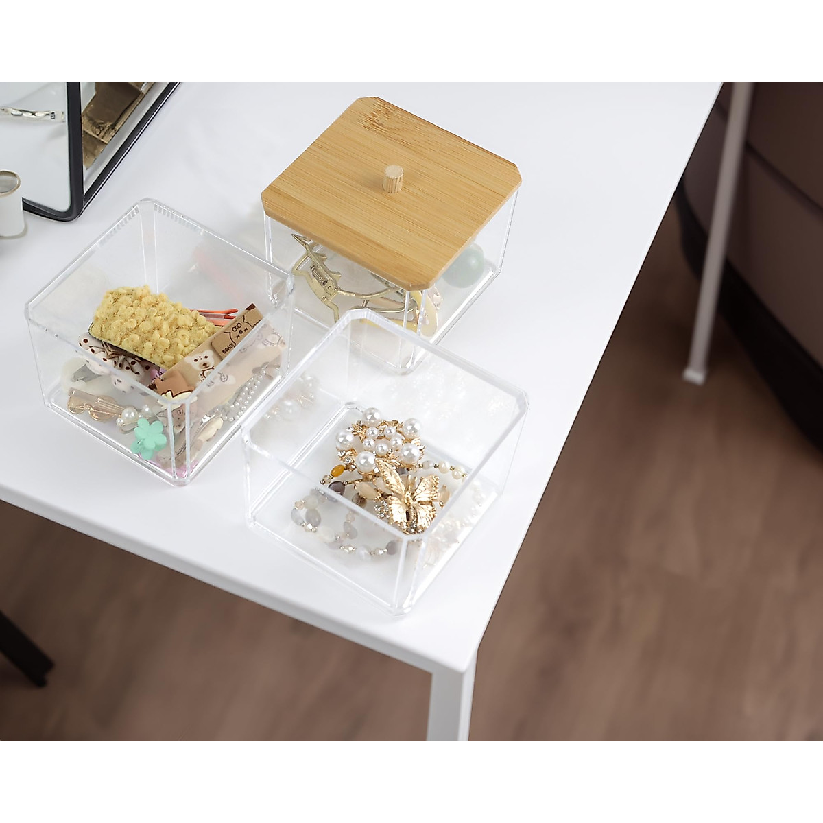 Clear Bathroom Dresser Organizer 3 Compartment with 1 Lid, Transparent Hair Accessories Organizer, Cotton Ball and Swab Holder, Small Plastic Storage Containers Vanity Makeup Organization (Wood Lid)