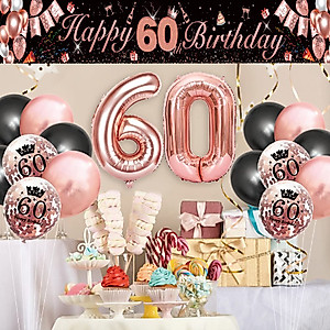 60th Birthday Decorations for Women, Rose Gold Happy 60th Birthday Banner Yard Sign, Black Rose Gold 60th Birthday Balloons for 60th Birthday Anniversary Party Decorations Supplies (9x1.2ft)