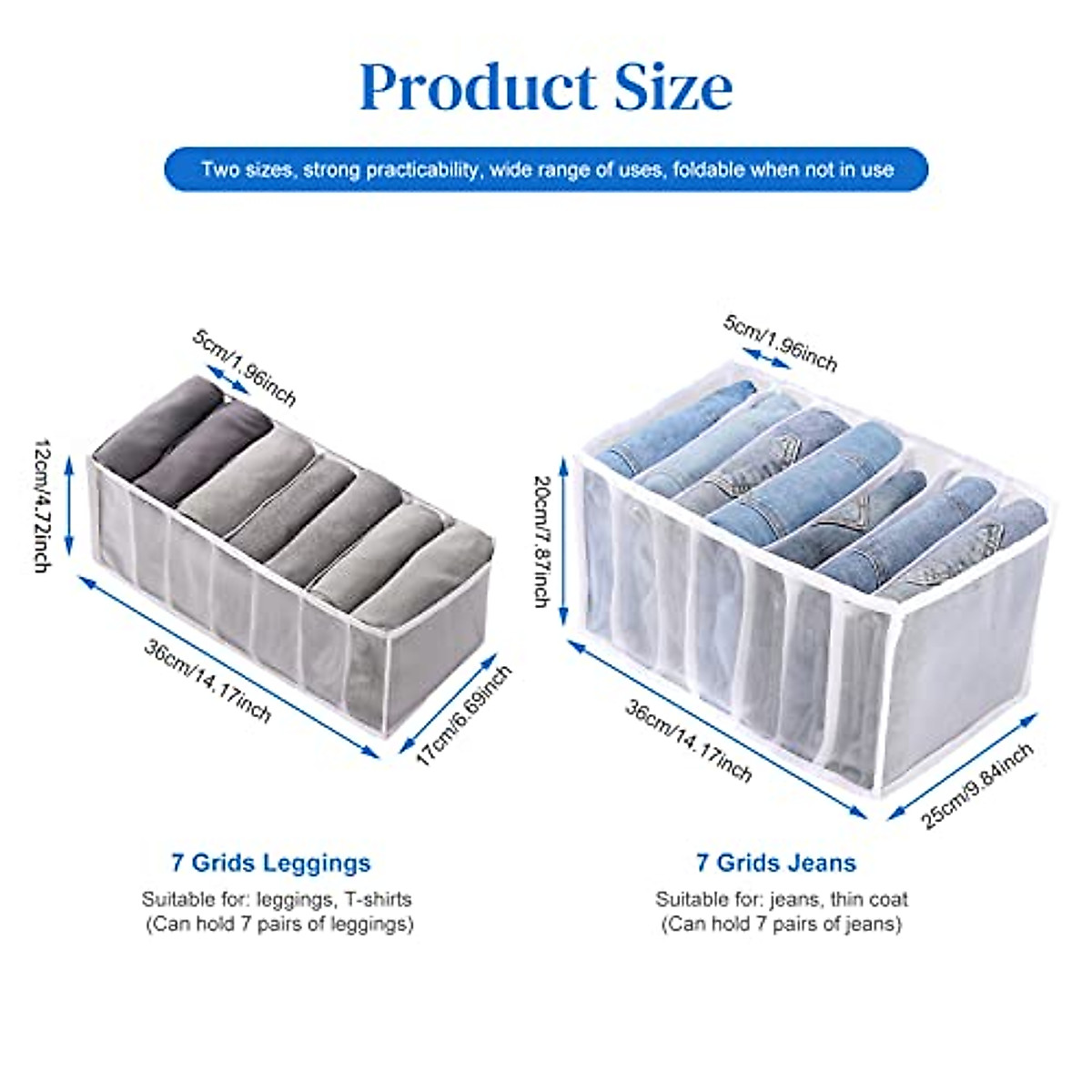 Wardrobe Clothes Organizer (2 Pack ), 7 Grids Washable Foldable Closet Drawer Organizer Clothes Drawer Mesh Separation Box, Nylon Jeans Leggings Drawer Dividers Large Clothes Storage Box (2Pcs White)
