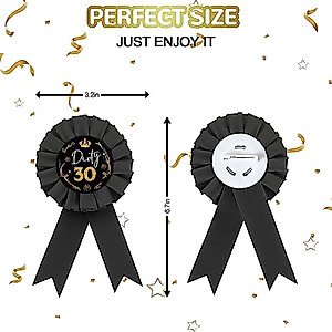 Black Dirty 30 Tinplate Badge Pin, Black & Gold Rosette Button for Men Women, Golden Crown 30th Birthday Award Badge Pin, 30 & Fabulous Birthday Party Decorations