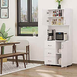 HOMCOM Freestanding Kitchen Pantry, Buffet with Hutch Storage Organizer with 2 Door Cabinets, 3 Drawers and Open Countertop, Adjustable Shelf, White