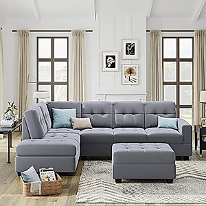 Living Room Furniture, Reversible Sectional Sofa with Storage Ottoman,L-Shape Couch with Two Cup Holders for Large Space Dorm Apartment,Gray