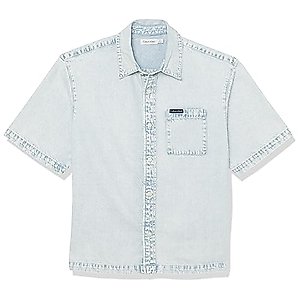 Calvin Klein Men's Short Sleeve Button Up Camp Shirt, Voyager