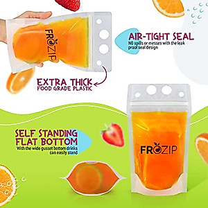 Frozip 100pcs 16oz Drink Pouches for Adults - Drink Pouches with Straws x100 & Funnel - Resealable Smoothie Pouches & Clear Juice Pouches for Adults - Drink Bag Plastic Pouches for Drinks with Straws