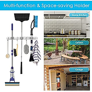 Yanvsvda Mop and Broom Holder Wall Mount Heavy Duty Stainless Steel Tool Organizer with 3Rocks and 4Hooks for Home,Kitchen,Bathroom,Garage,Garden,Laundry Room (1 Pack)
