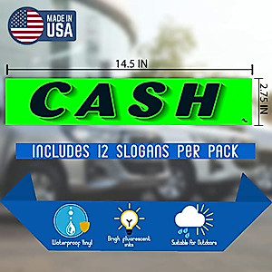 Versa Tags Windshield Slogan Stickers 12 Pack of PER Month Stickers 12 Pack of Down Slogans 12 Pack of Cash Window Stickers (36) Dealership Stickers Black On Green