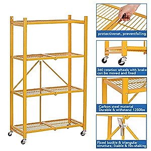 ShanSon Storage Shelves with Wheels 4 Tier Heavy Duty Foldable Metal Rack Storage Shelving Units for Garage Kitchen，Yellow