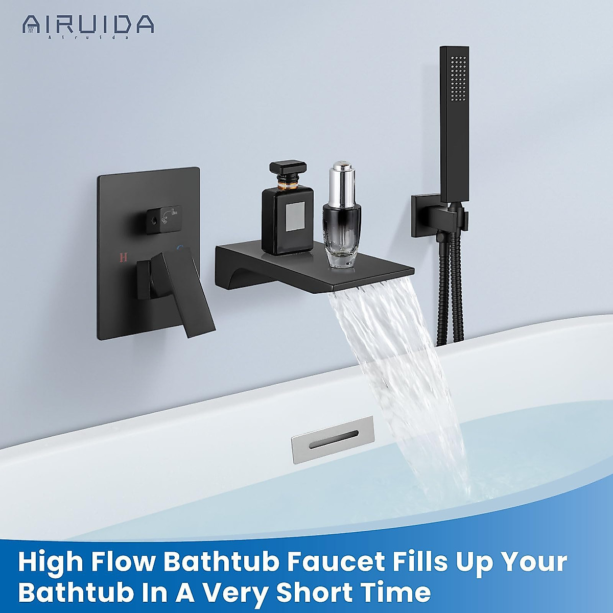 Airuida Wall Mount Tub Faucet with Waterfall Tub Spout Wall Mounted Bathtub Faucet with Handheld Shower Single Handle Tub Filler Shower Faucet Set with Rough-in valve Straight Spout Matte Black