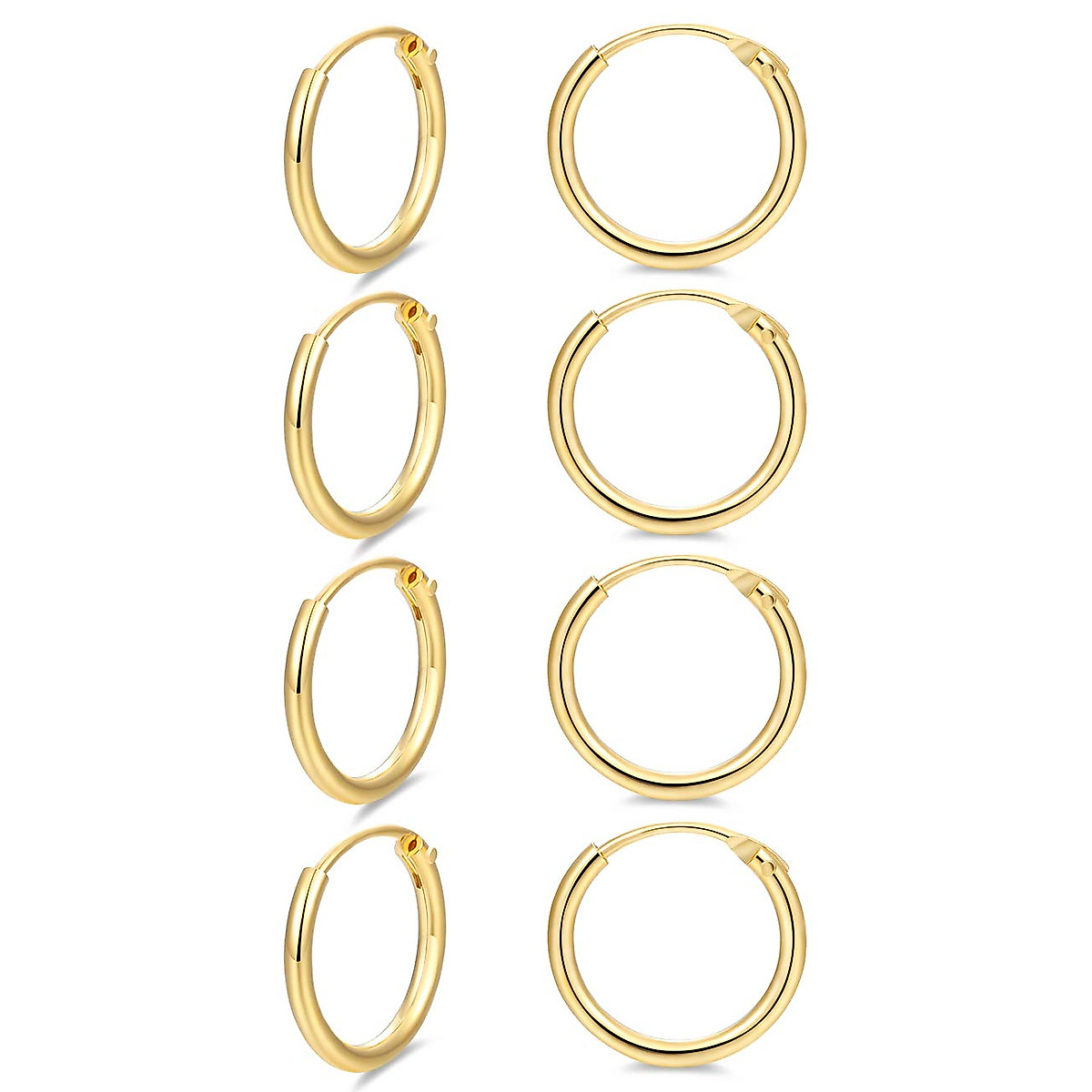 Hoop Earring 14K Gold Plated S925 Sterling Silver Endless Hoop Earring Set for Women Men 8mm-12mm (4 pairs 14K gold 8MM)