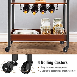 COSTWAY Kitchen Rolling Island Cart, 3-Tier Rolling Bar Serving Cart with Wine Rack & Glass Holders, Industrial Baker’s Rack on Wheels, Convenient Handle, Brown