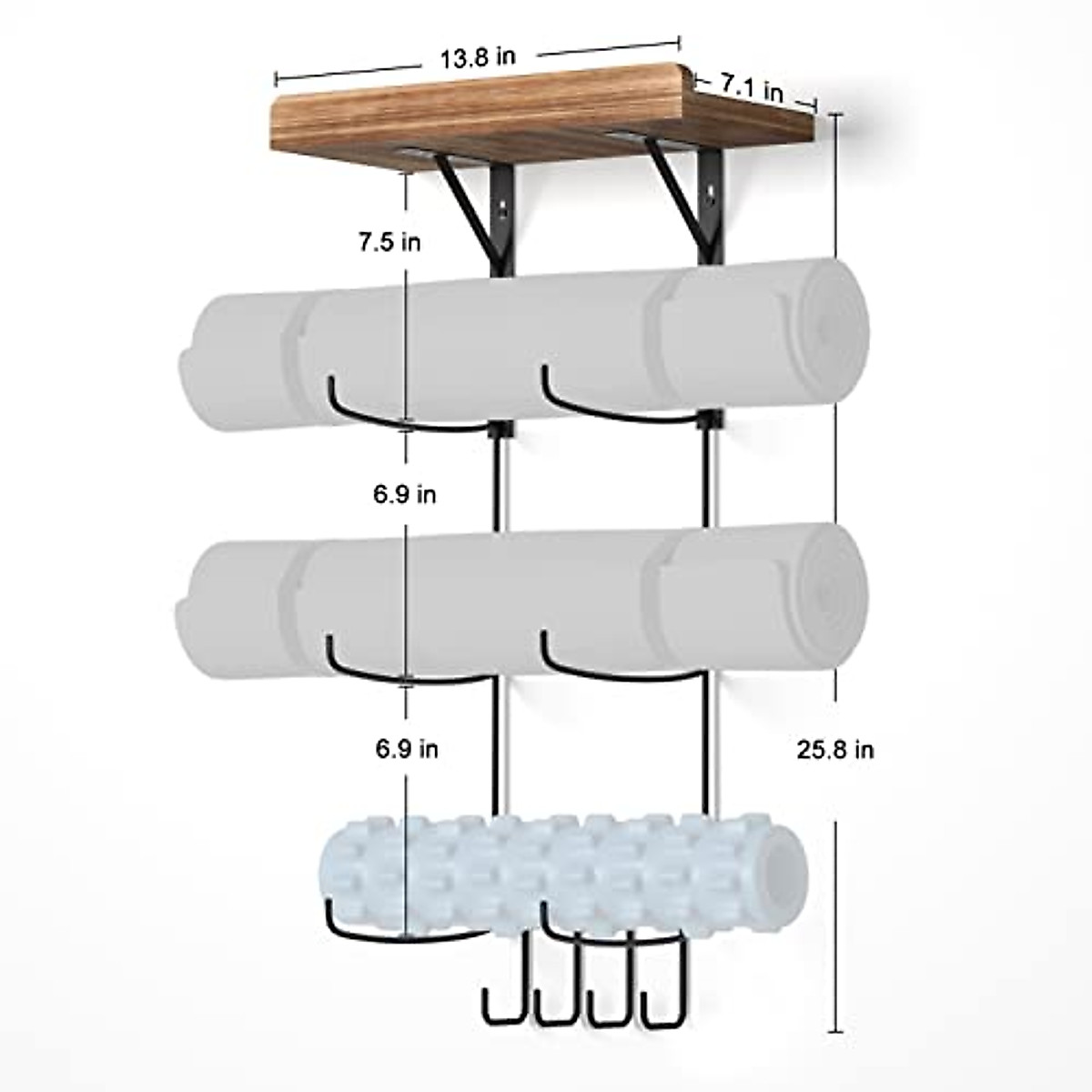 VINAEMO Yoga Mat Holder Accessories Wall Mount Organizer Storage Decor Foam Roller and Towel Storage Rack with 4 Hooks and Wooden Shelves Yoga Mats Rack Block Resistance Bands for Home Gym School