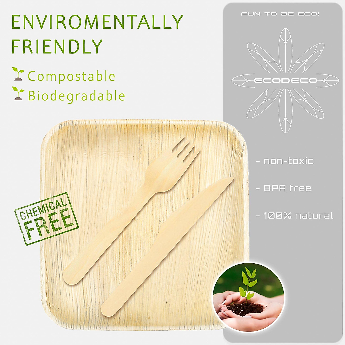 Ecodeco Palm Leaf Compostable Plates - 50 pcs - Square - Disposable Eco Friendly Like Bamboo Party Plates with Cutlery - 8 Inch