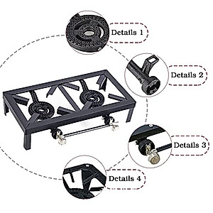 Portable Double Burner Outdoor Gas Stove Propane Cooker with Adjustable 0-20Psi Regulator Hose for Patio Camping, BBQ, Home Brewing, Turkey Fry, Maple Syrup Prep
