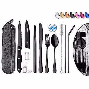 Portable Reusable Travel Utensils Silverware with Case,Travel Camping Cutlery set,Chopsticks and Straw, Flatware Cutlery Set with Case, Stainless steel Travel Utensil set Top (Black)