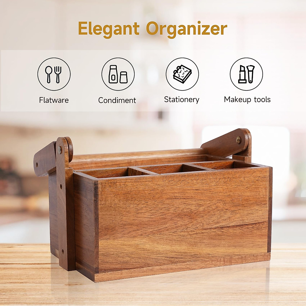 Mowsug Acacia Wood Silverware Caddy with Handle| Wooden Utensil Holder and Organizer with 4 Compartments| Cutlery Caddy Utensil holder for countertop| Ideal for Parties, Picnics, Outdoor Camping