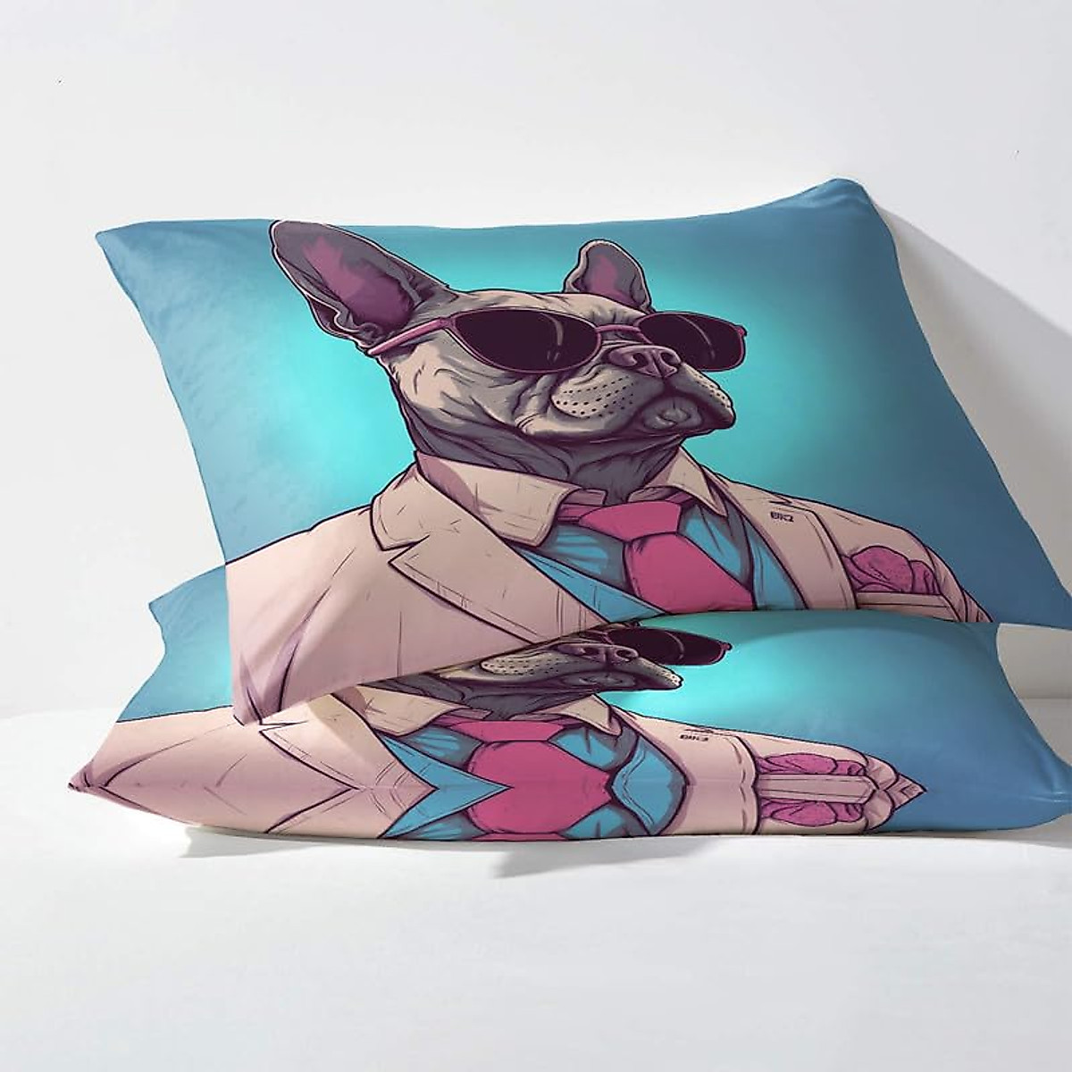 NANDHA French Bulldog Sheet Set Full Size - Funny Bed Sheets - Dog Printed Bedding Sheets & Pillowcases - Super Soft & Deep Pocket & Winkle Free - 4 Piece (Flat, Fitted Sheet & 2 Pillowcases)