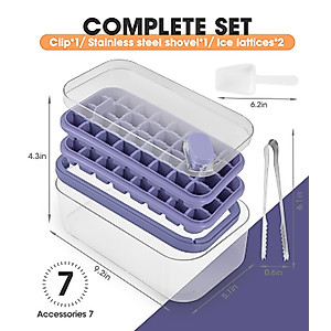 Ice Cube Trays with LId and Bin, Easy Release Ice Trays for Freezer, 2 Pack Ice Cube Molds, 64 Pcs Ice Cube Tray, Large Capacity Ice Tray Holder, Includes Ice Tong, Ice Spoon, for Whiskey, Cocktail.