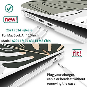May Chen Compatible with MacBook Air 15 Inch Case Model A2941 M2 A3114 M3 Chip 2023 2024 Release, Protective Cover Laptop Hard Case with Keyboard cover, Abstract Leaves