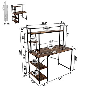 Nost & Host Computer Desk with Hutch & Bookshelf, Home Office Working Table with Hutch & 2 Tier Adjustable Shelves, Sturdy Wooden Desk for Study Gaming, Easy Assemble, 47.2 inches, Rustic Brown