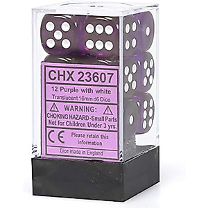 Chessex Dice Translucent Purple 6 Sided 16mm Dice Block (12-Dice), Purple/White (23607)