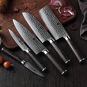 XINZUO 7PC Damascus Steel Kitchen Knife Set with Acacia Wood Block,Multifunctional Kitchen Scissors,Professional Sharp Chef Knife Forged Vegetable Knife with Pakkawood Handle- He Series