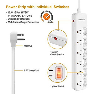Suraielec Power Strip Individual Switches, 8 FT Long Flat Plug Extension Cord, 6 Outlet Surge Protector with On Off Switches for Each Outlet, 15 AMP Safety Circuit Breaker, Wall Mountable