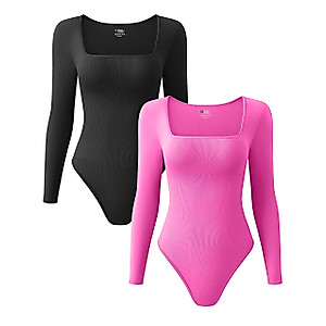 OQQ Women's 2 Piece Bodysuits Sexy Ribbed One Piece Square Neck Long Sleeve Tops Black Rose