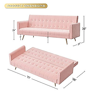 OUYESSIR Velvet Futon Sofa Bed with 2 Pillows, Convertible Futon Couch, Sturdy Sleeper Sofa in 71 inch, Small Futon Sofas (Pink)