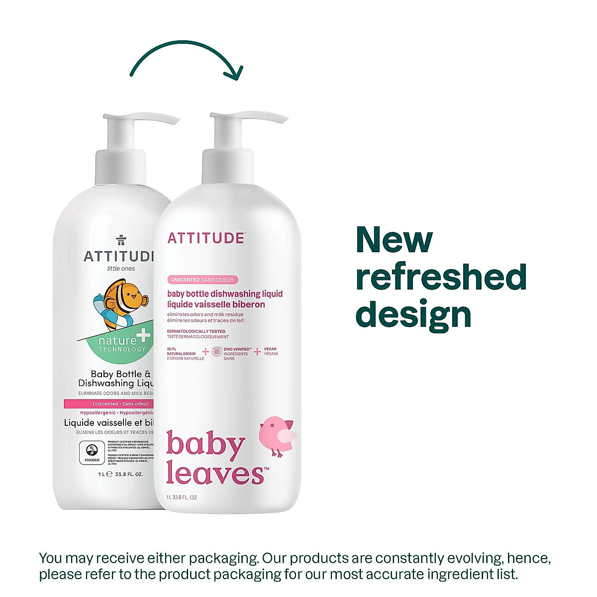 ATTITUDE Baby Dish Soap and Bottle Cleaner, EWG Verified Dishwashing Liquid, No Added Dyes or Fragrances, Tough on Milk Residue and Grease, Vegan, Unscented, 33.8 Fl Oz