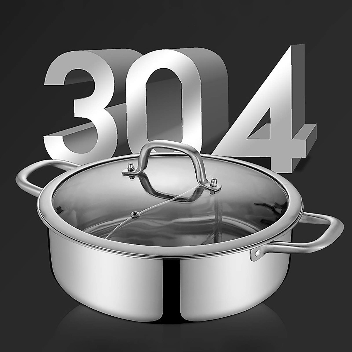 Xuthusman 304 Food Grade Stainless Steel Shabu Shabu Hot pot with Divider&Lid for Induction Cooktop Gas Stove Dual Sided Soup Cookware with 2 Soup Ladles (28cm)