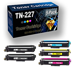 Kolasels 5-Pack (2BK+C+Y+M) Compatible Color Toner Cartridge Replacement for TN227 TN-227BK TN-227C TN-227Y TN-227M Printer Cartridge use for HL-L3210CW HL-L3230CDW HL-L3270CDW Printer