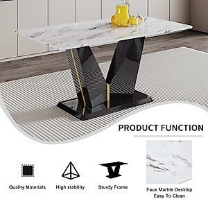 Pvillez 63 inch Marble Dining Table, Modern Dining Table for 4 6 People, Kitchen Table with Rectangular White Faux Marble Top & V Shape Pedestal Base Dinner Table for Dining Room Kitchen Living Room