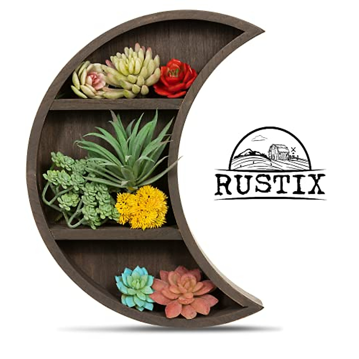 RUSTIX Rustic Brown Crescent Moon Shelf - Wall Mounted Hanging Floating Shelves for Essential Oil Display or Crystal Holder - Moon Phase Hippie Celestial Boho Nursery Decor - Gothic Witchy Room Decor