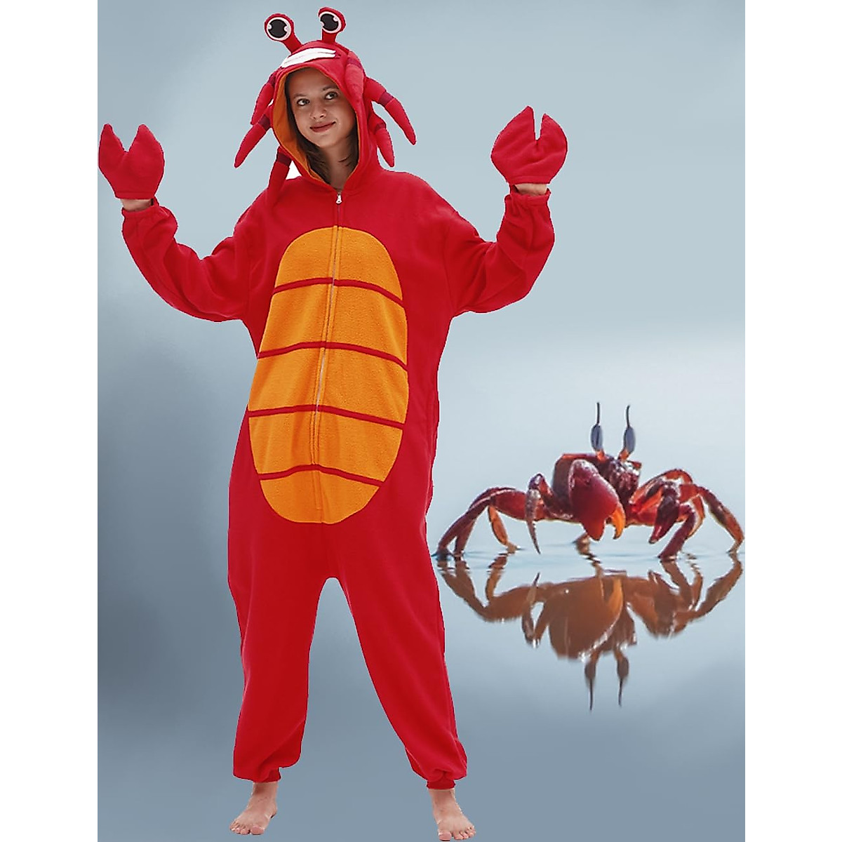 Crab Onesie Adult Red Crab Pajamas Animal Pajamas Halloween Cosplay Costume Polar Fleece Sleepwear Homewear