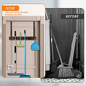 UKQRRTC Broom Mop Holder Over The Door 4 Slots Broom Storage Rack with 2 Hooks Drilling Free Mop Broom Organizer for Laundry Room Garage Kitchen Bathroom