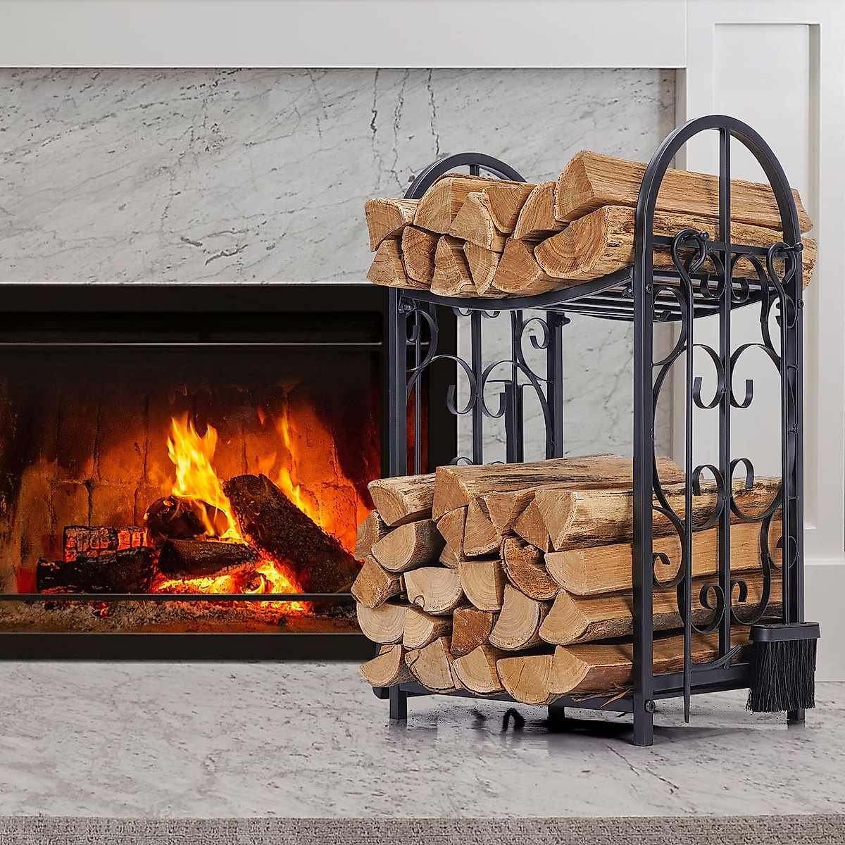 Sturdy Firewood Rack Fireplace Tools Set with 4 Fireplace Accessories Brush Shovel Poker Tong, Vertical Design 2 Shelves Log Storage Rack Holder, Holds a Great Amount of Wood Fireside Logs