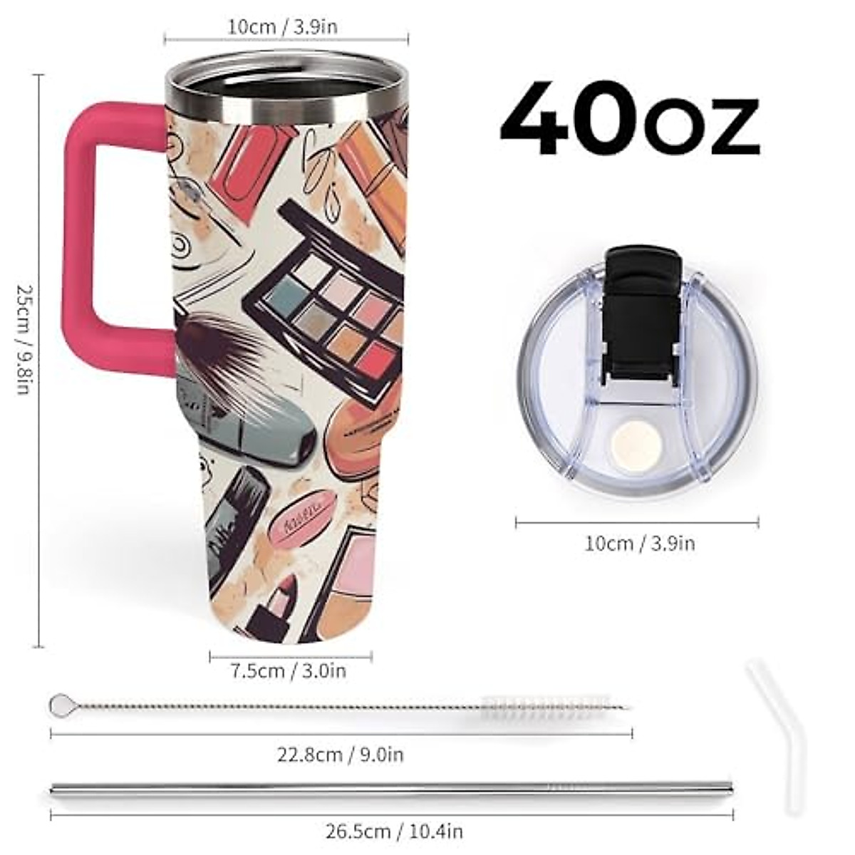 40 Oz Vacuum Tumbler with Light Rose Red Handle Leakproof Insulated Tumbler Cosmetic And Makeup Theme Pattern Stainless Steel Travel Mug with Lid And Straw Coffee Cup Cute Water Bottles Cup Holder Fri