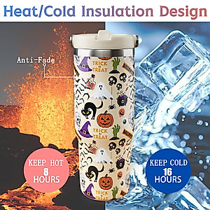 30oz Halloween Tumbler with Handle and Straw, Goth Black Cat Insulated Tumbler, Pumpkin Bat Skull Leak Proof Travel Coffee Mug, Reusable Stainless Steel Witch Tumbler, Halloween Gifts for Women