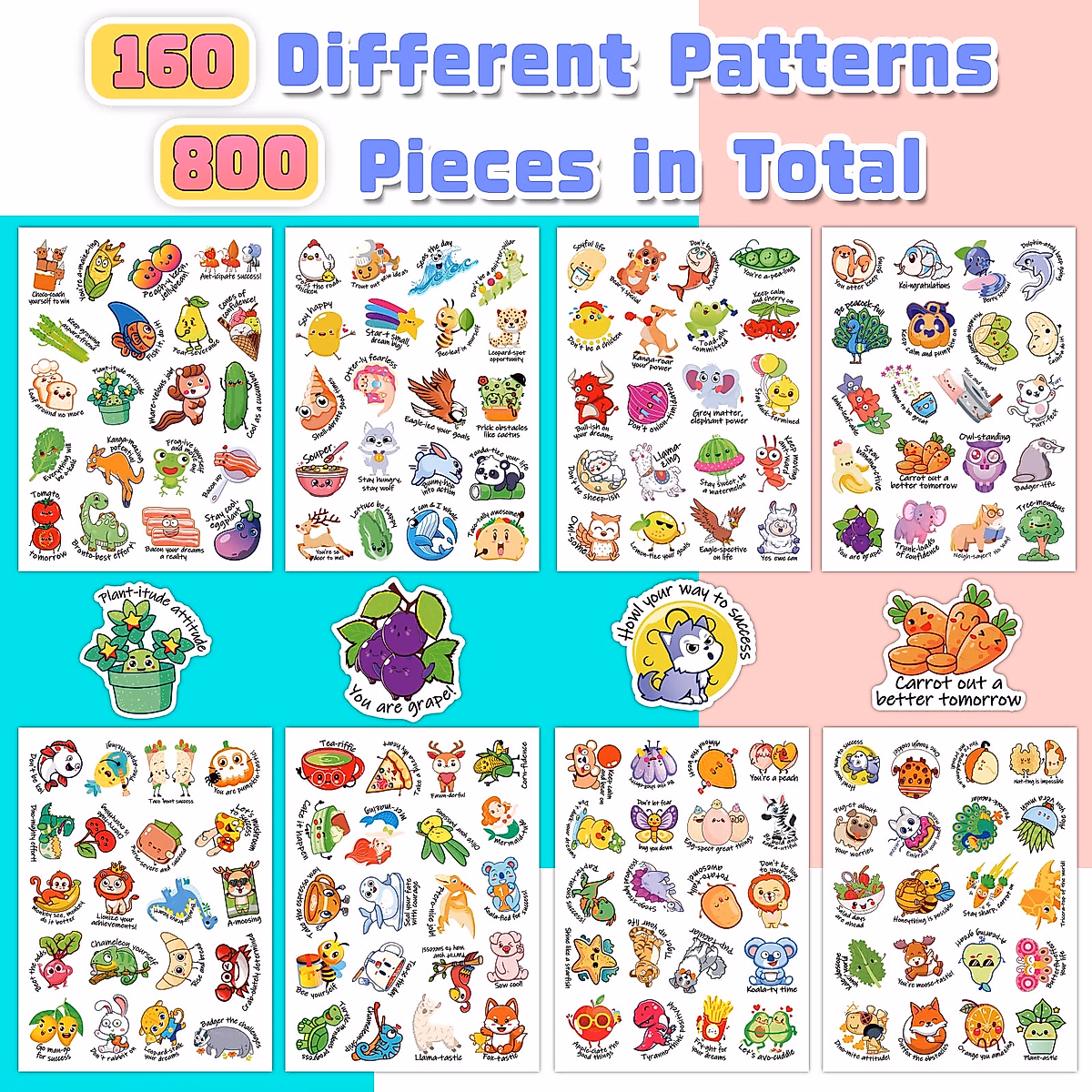 800 PCS Punny Reward Stickers for Kids in 160 Designs, Funny Teacher Stickers for Students Motivational Incentives Stickers for School Classroom Supplies, Cute Animal Rewards Stickers Punny Lables
