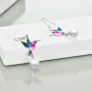 Hummingbird Earrings Gifts for Her Women 925 Sterling Silver Hummingbird Pearl Dangle Earrings Jewelry Christmas Gifts for Women Teen