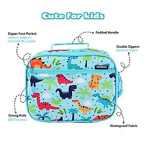 MORIOX Kids Dino Lunch Box, Cute Dinosaur Insulated Soft Bag Mini Cooler Back to School Thermal Meal Tote Kit for Boys Girls, Teal