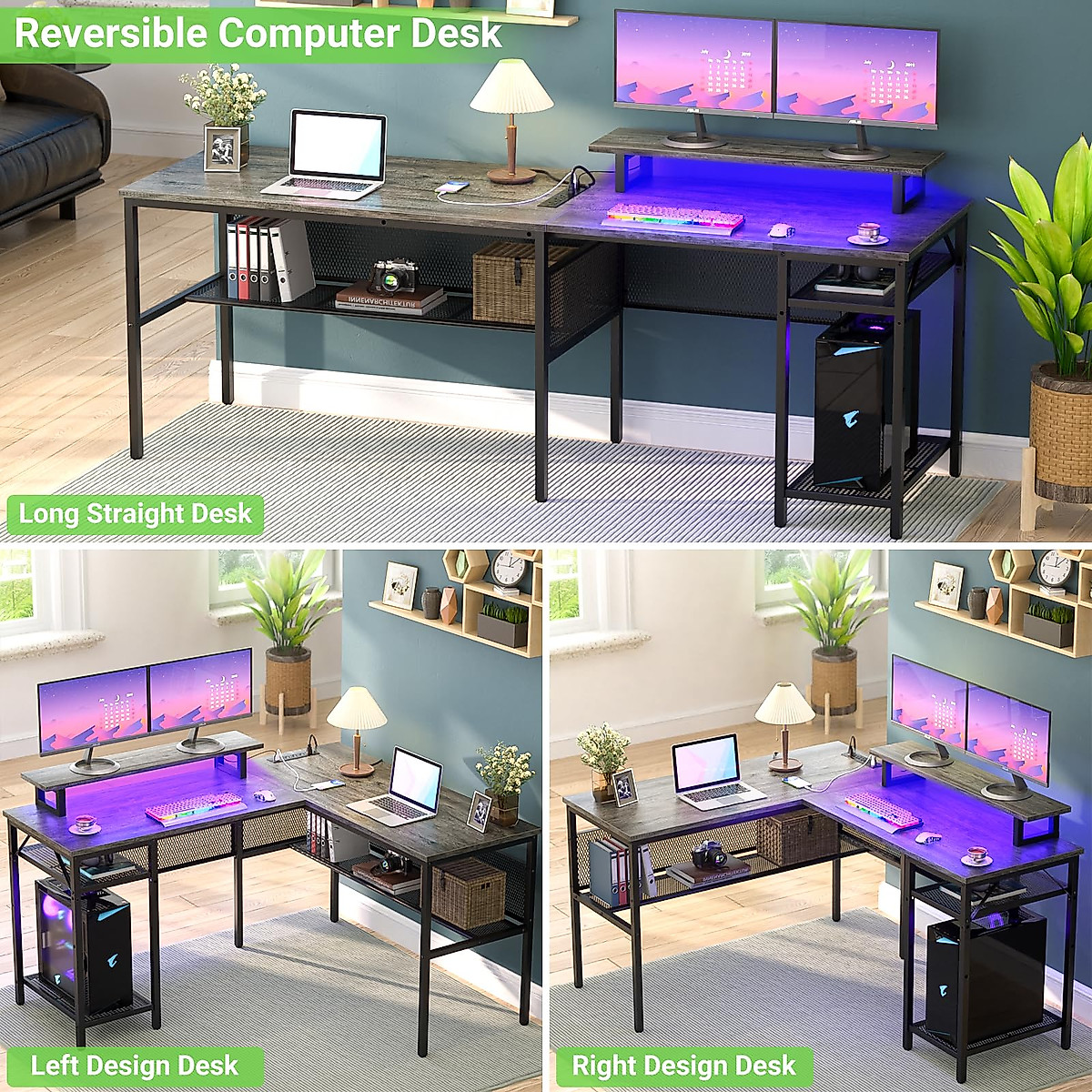 Unikito L Shaped Computer Desk with Magic Power Outlets and Smart LED Light, Reversible 55 Inch Corner Office Desk with Monitor Stand, Unique Grid Design, Gaming Table with Storage, Black Oak