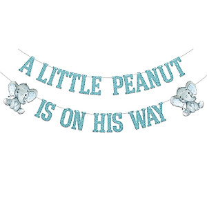 A Little Peanut is on His Way Banner, Baby Boy Elephant Baby Shower Decorations, Welcome Baby Boy Banner, Jungle Baby Shower Party Supply Blue Glitter